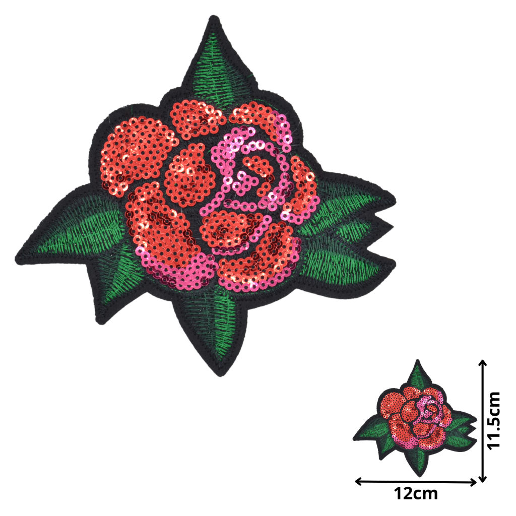 Rose w/Leaves (SEQ065) - Sequin Embroidered Patches - CelloExpress